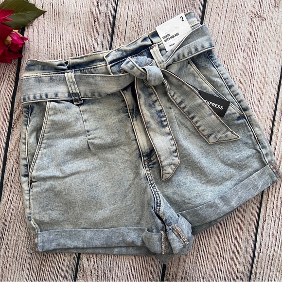 Express | Shorts | B Nwt Blue Express High Rise Paperbag Belted Denim ...